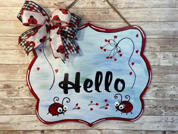Hello Ladybug Sign Entryway Welcome With Painted Ladybugs | Etsy