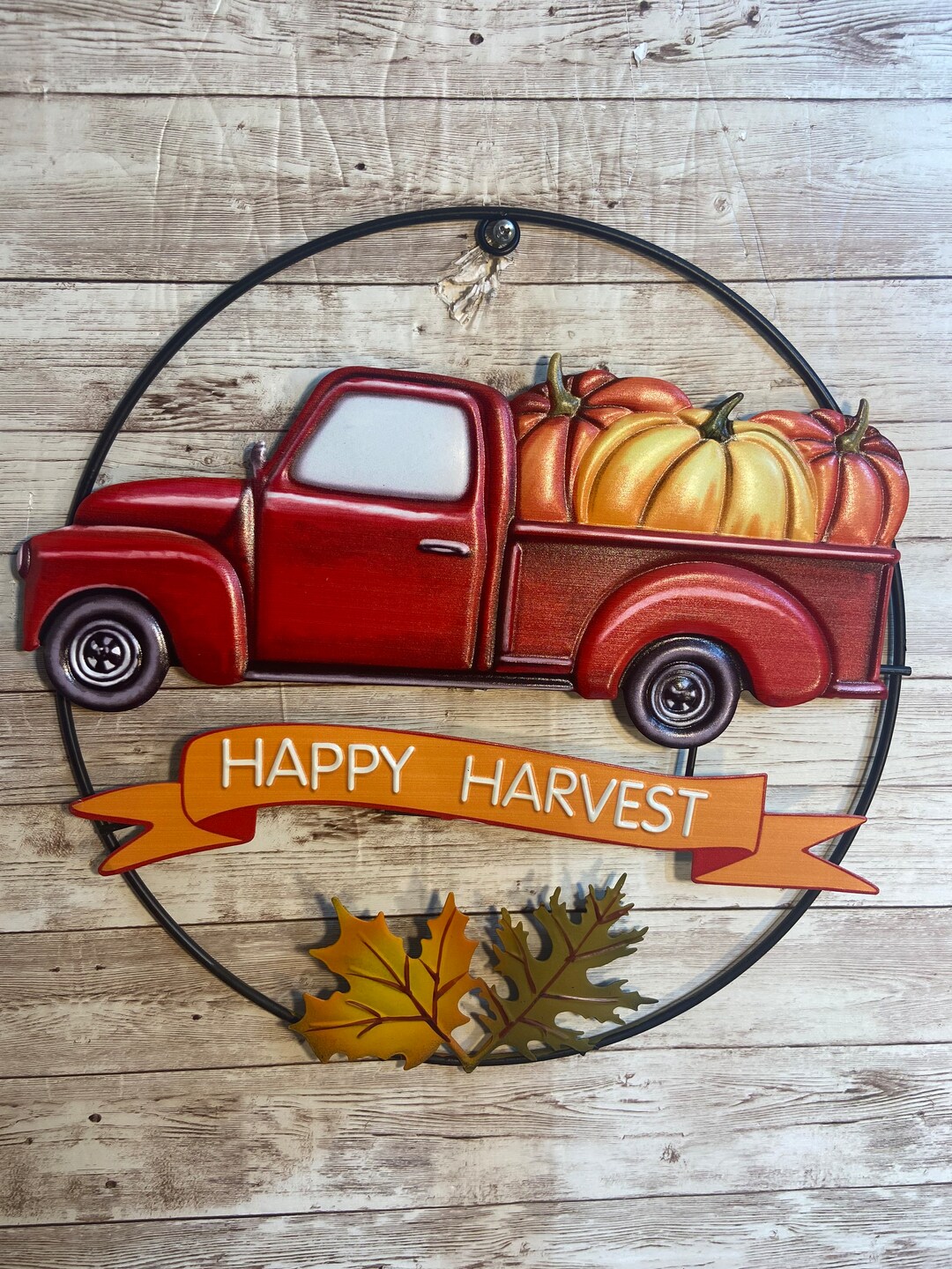 Happy Harvest Pumpkin Fall Red Truck and Leaves Metal Sign! Red Truck ...