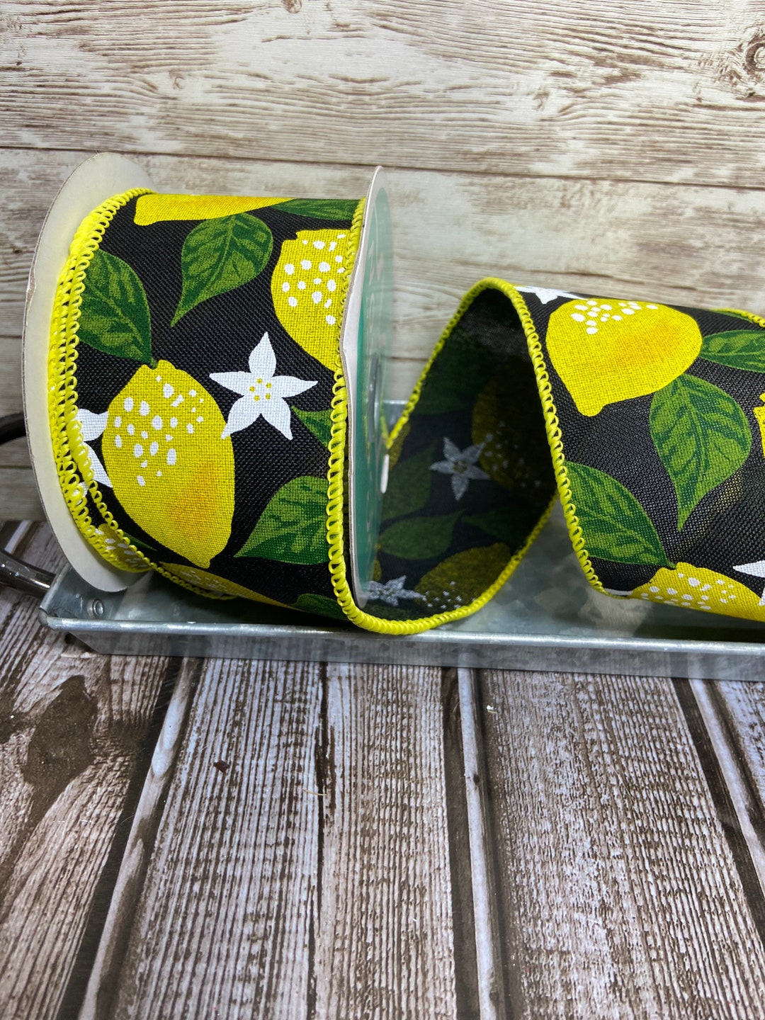 2.5 X 10 Lemon on Bold Black Royal Wired Everyday Ribbon, White Lemon ...