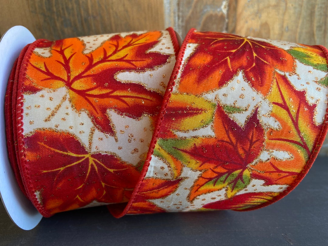 Fall Leaves Ribbon, Gold Glitter Dots, Wired Edge, 2.5"x10 Yards - Etsy
