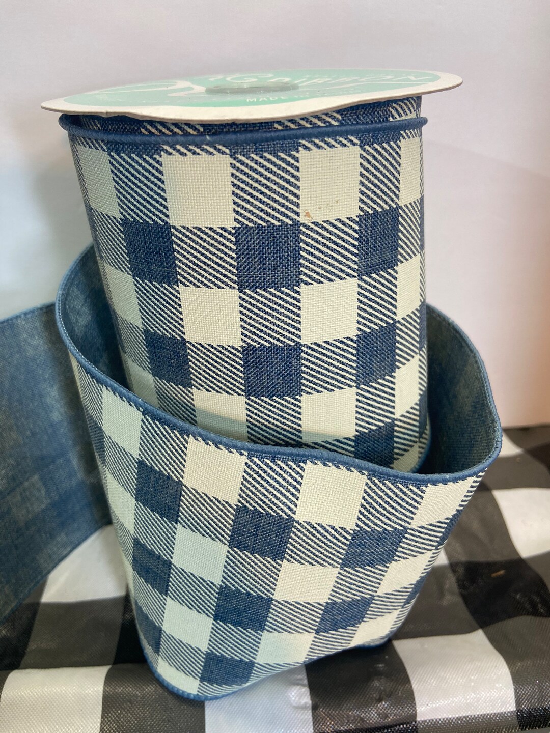 4 Inch X 10 Dusty Blue and Cream Checker Wire Ribbon - Etsy
