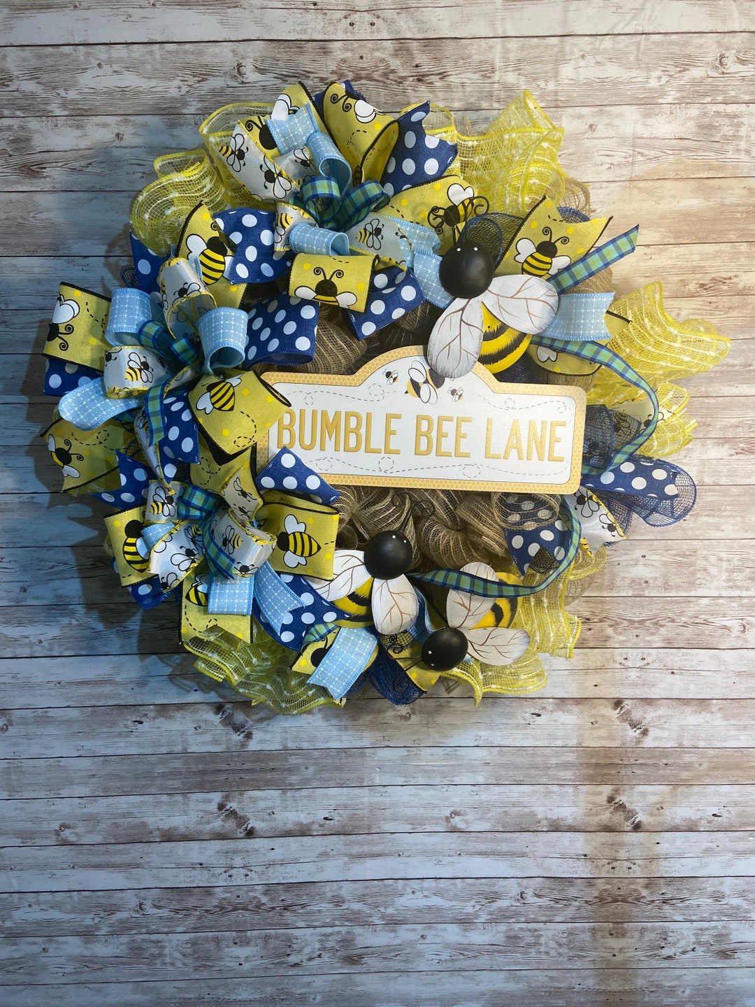 Bumble Bee Lane Wreath, Navy Blue and Metal Bee Theme - Etsy