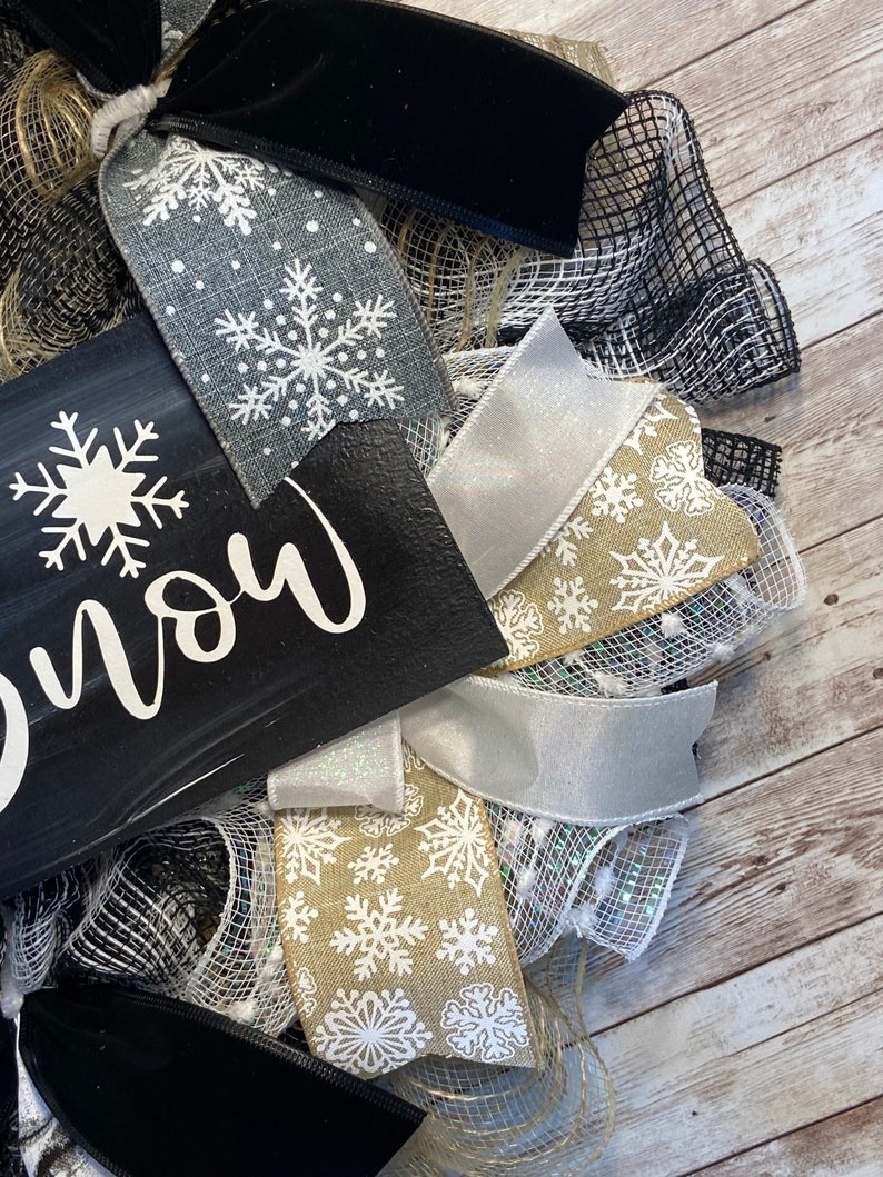 Let It Snow Mesh and Ribbon Wreath Black Snowball Natural | Etsy