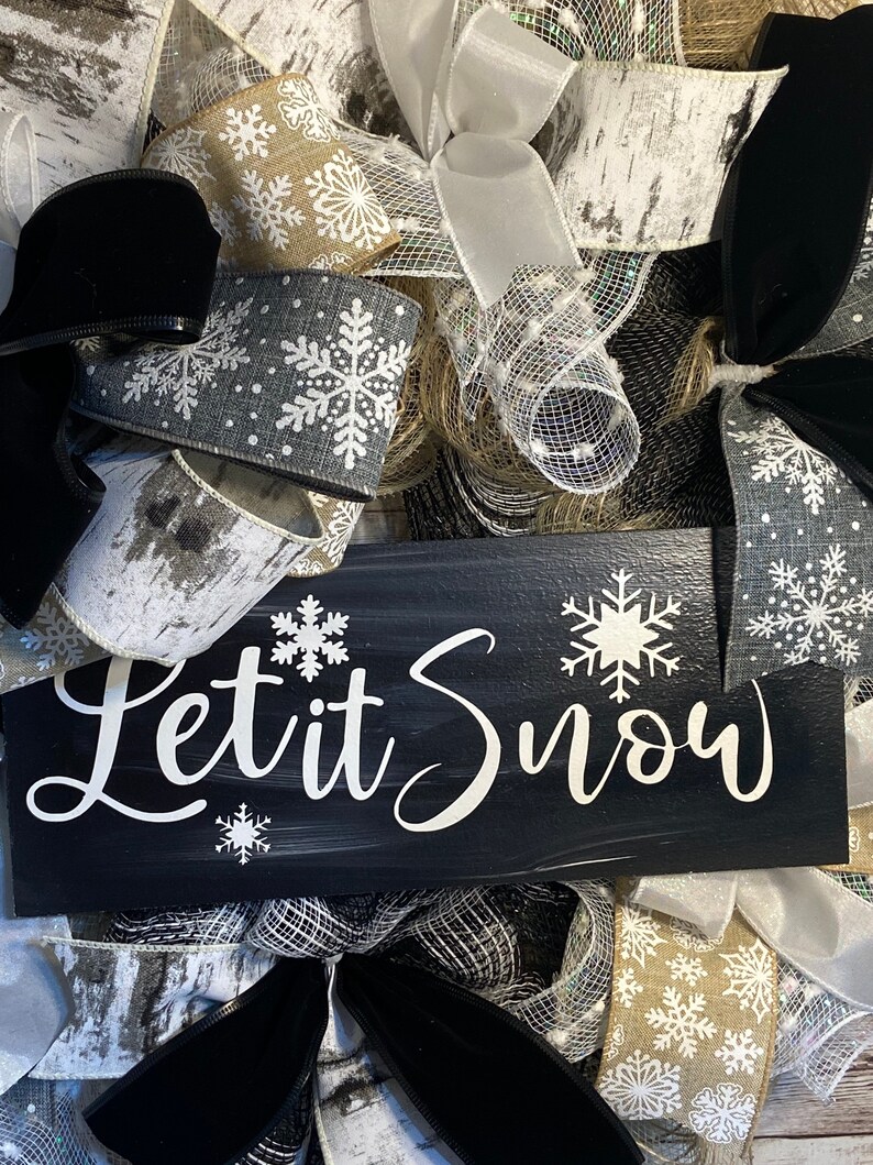 Let It Snow Mesh and Ribbon Wreath Black Snowball Natural | Etsy
