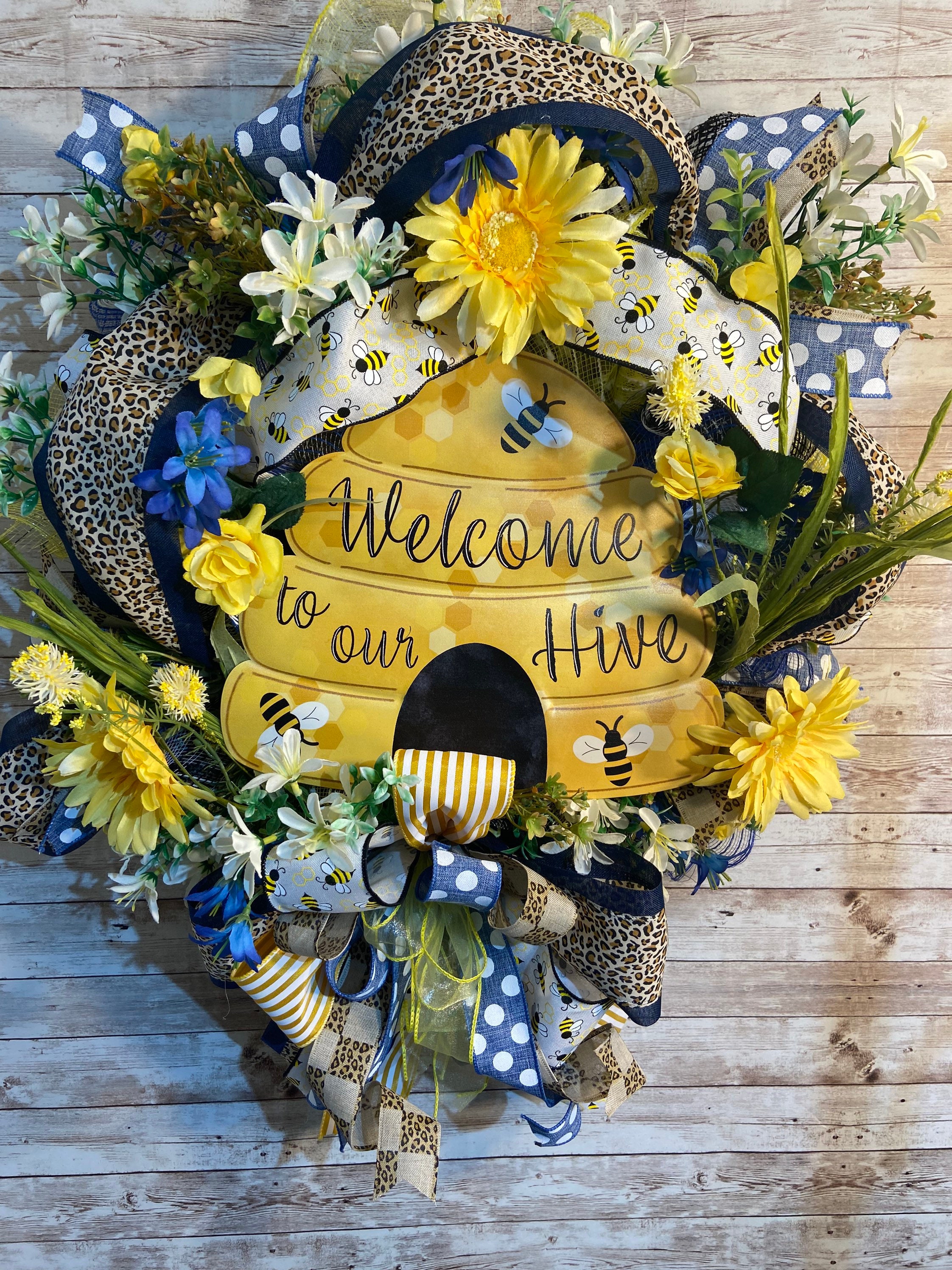 Welcome to Our Bee Hive Blues and Yellow Floral Mesh and - Etsy