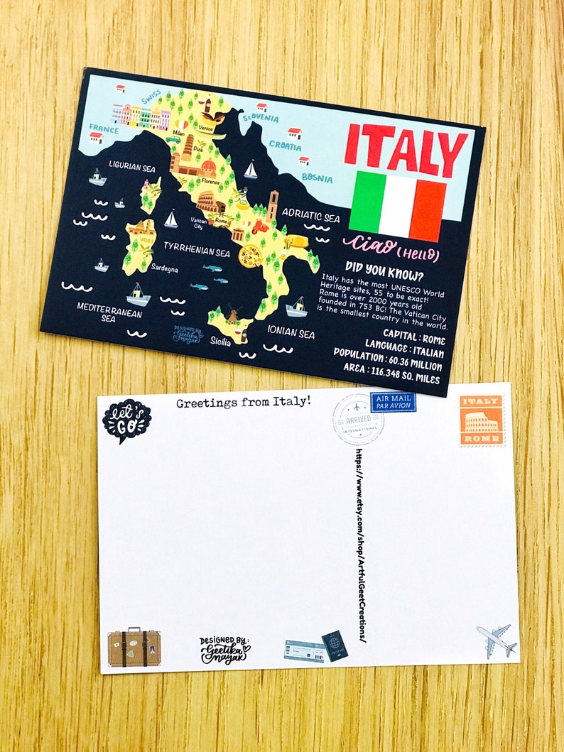 Greetings From ITALY Map Postcard - Etsy