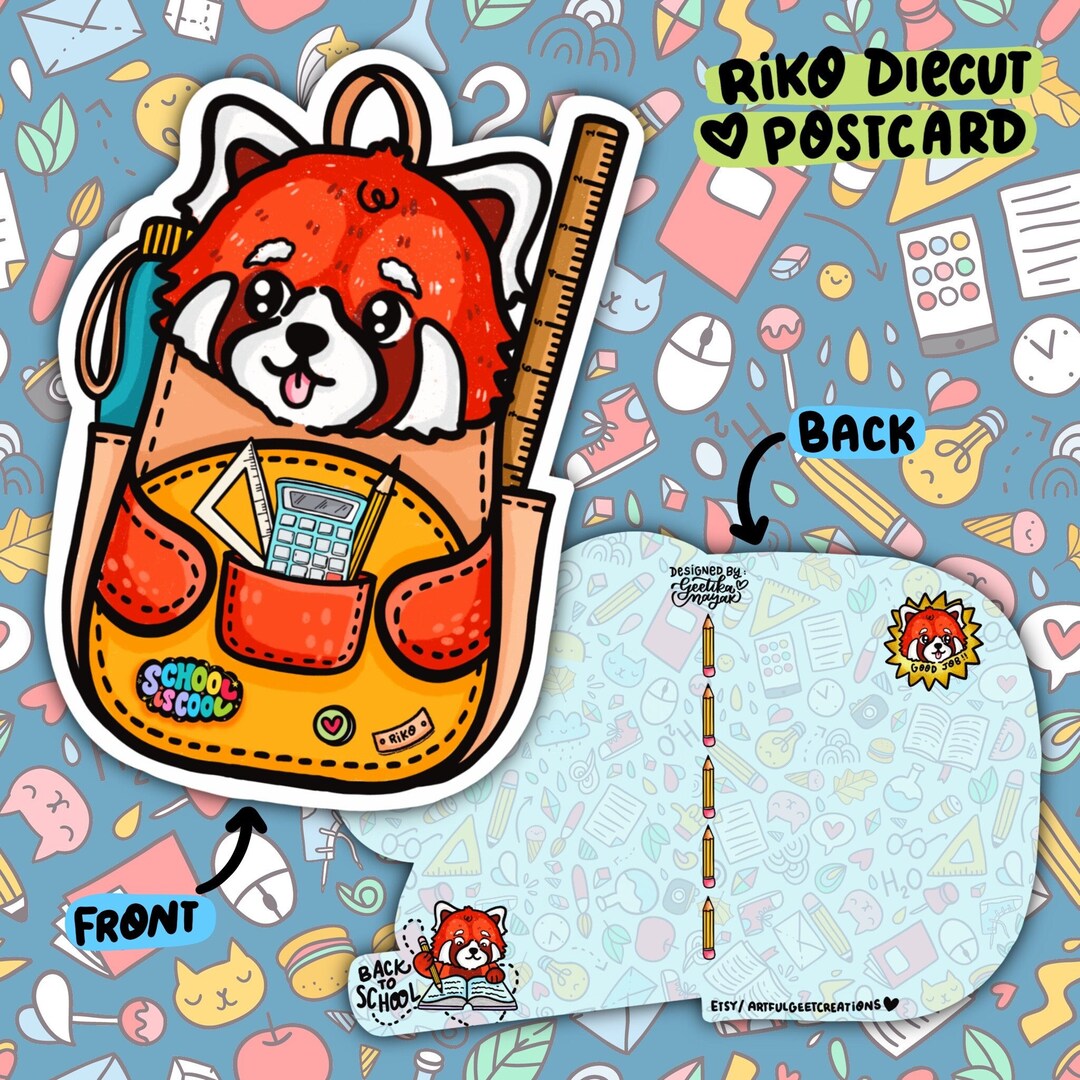 Back to School Red Panda Bag Shaped Postcard | Die Cut Postcard - Etsy