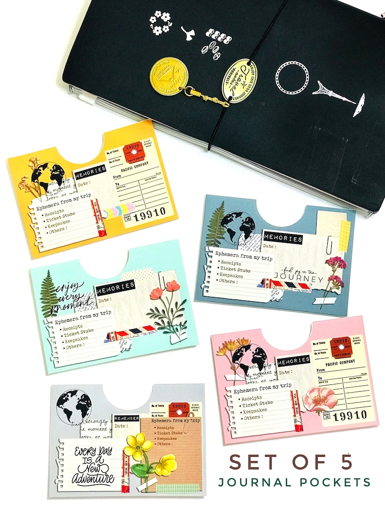 Set of 5 Journal Pockets | Travel Notebook Ephemera - Etsy