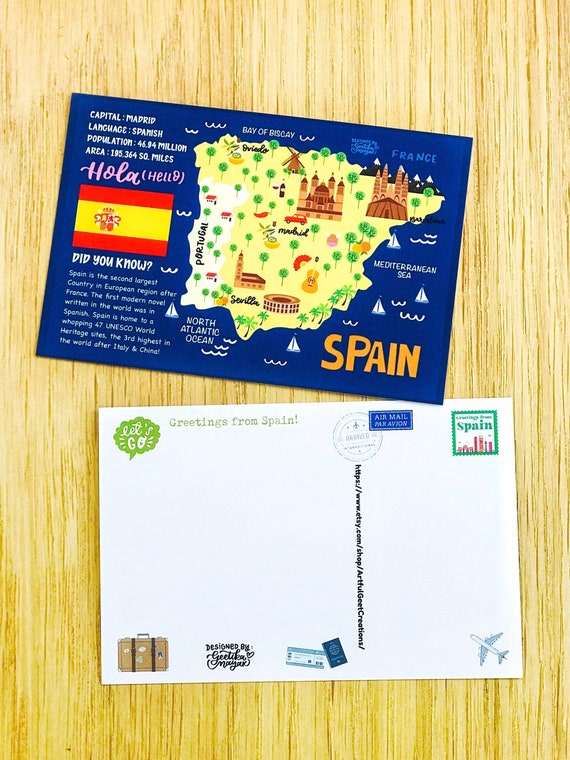 Greetings from SPAIN Map Postcard | Etsy