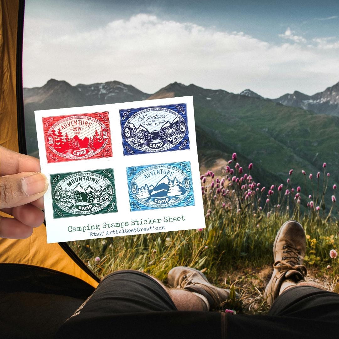 Mountain Camp Adventures – Postage Stamp Sticker Sheet (glossy) - Etsy