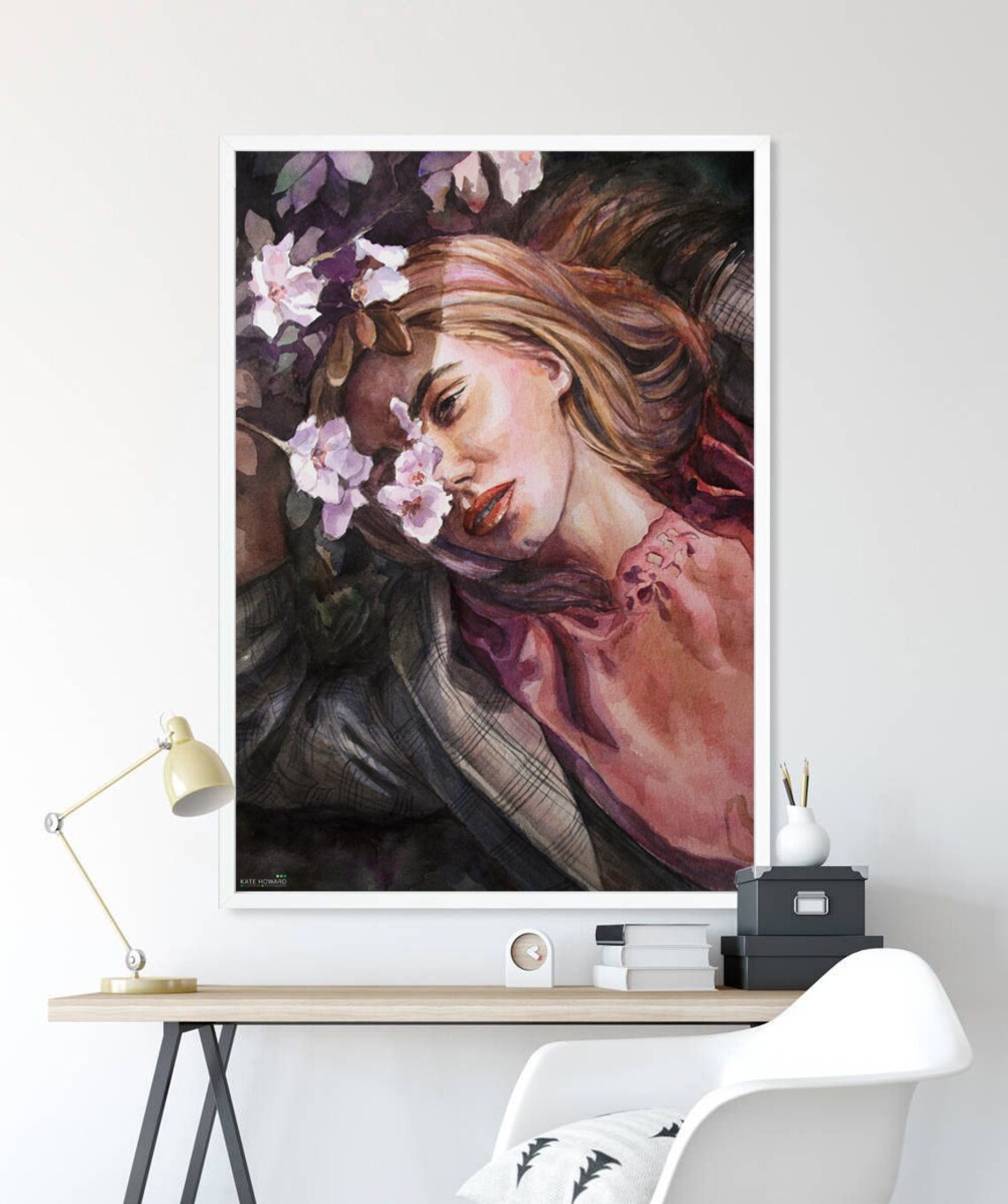 Woman in Spring Flowers Original Watercolor Painting, Woman Portrait ...