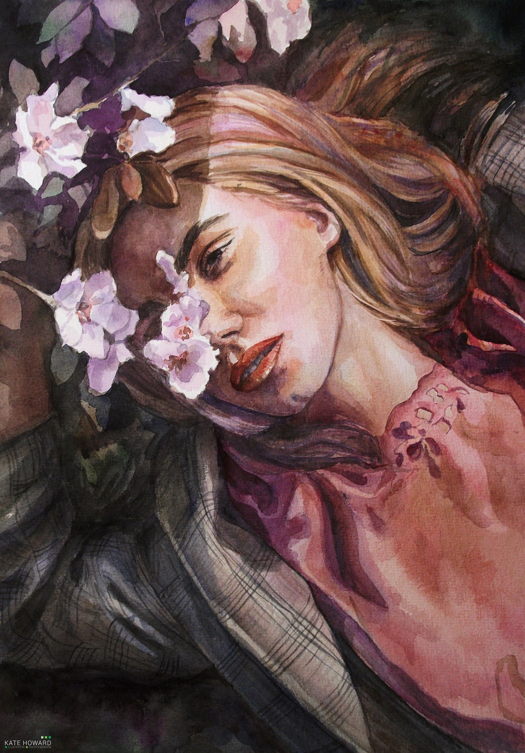 Woman in Spring Flowers Original Watercolor Painting, Woman Portrait ...