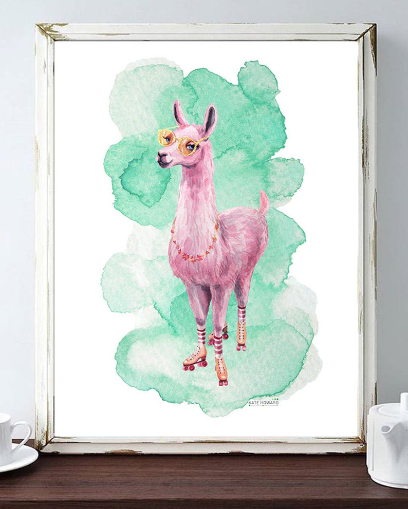 Pink llama happy llama watercolor lama art print happy | Etsy