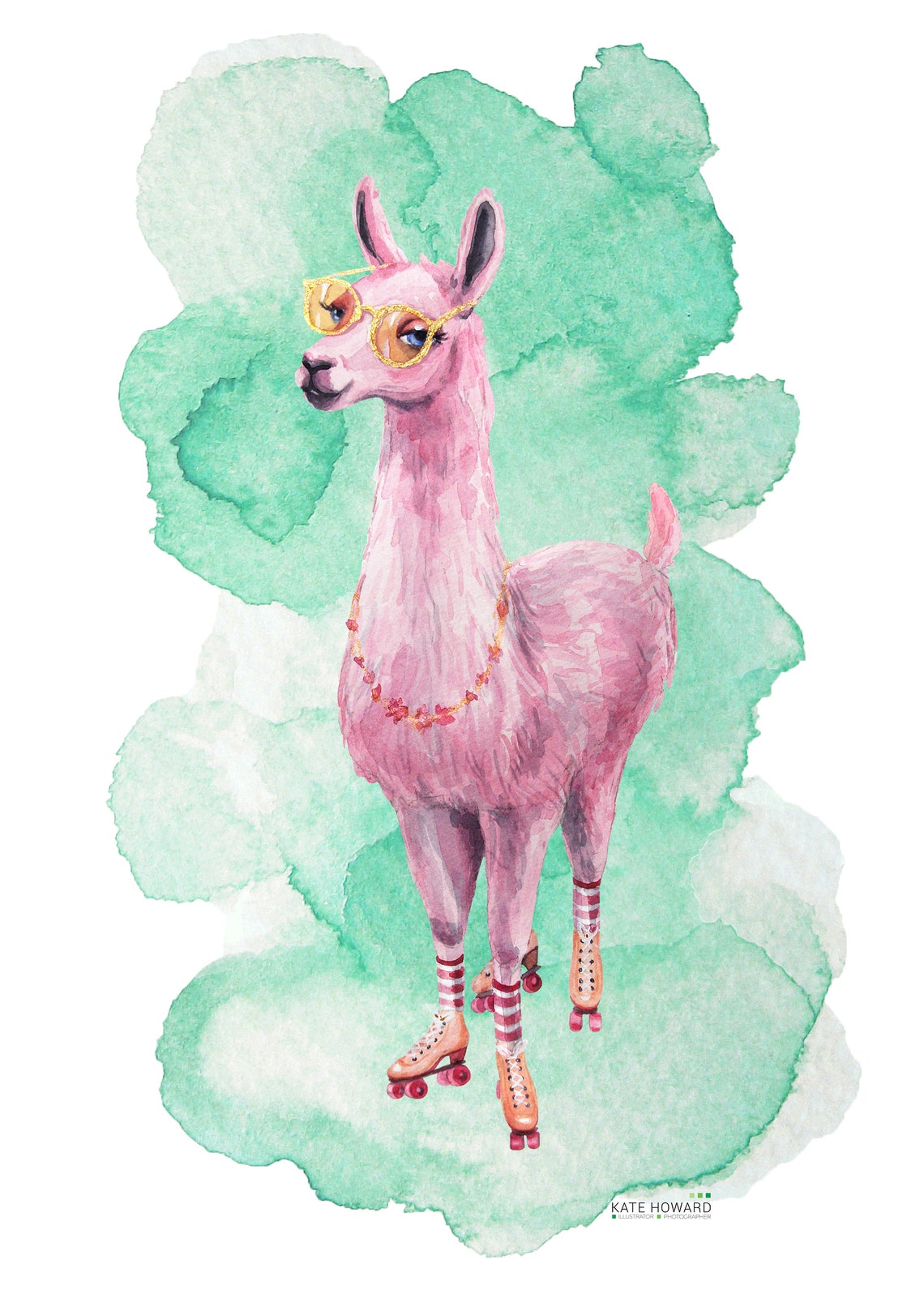 Pink llama happy llama watercolor lama art print happy | Etsy