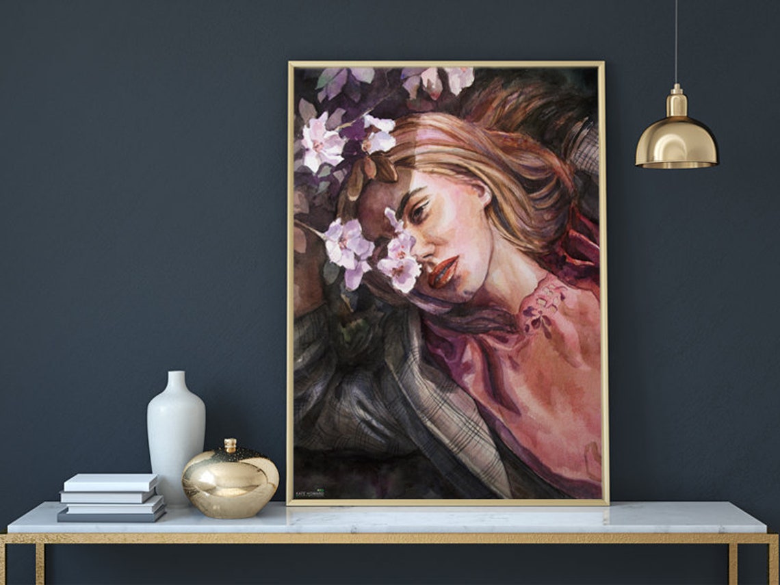 Woman in Spring Flowers Original Watercolor Painting, Woman Portrait ...