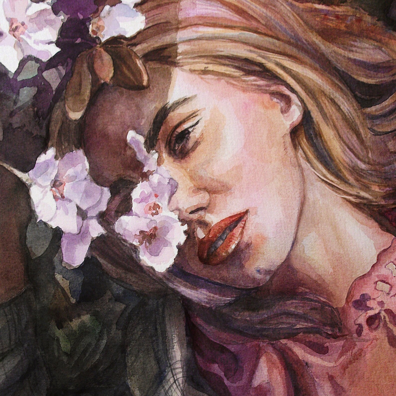 Woman in Spring Flowers Original Watercolor Painting, Woman Portrait ...