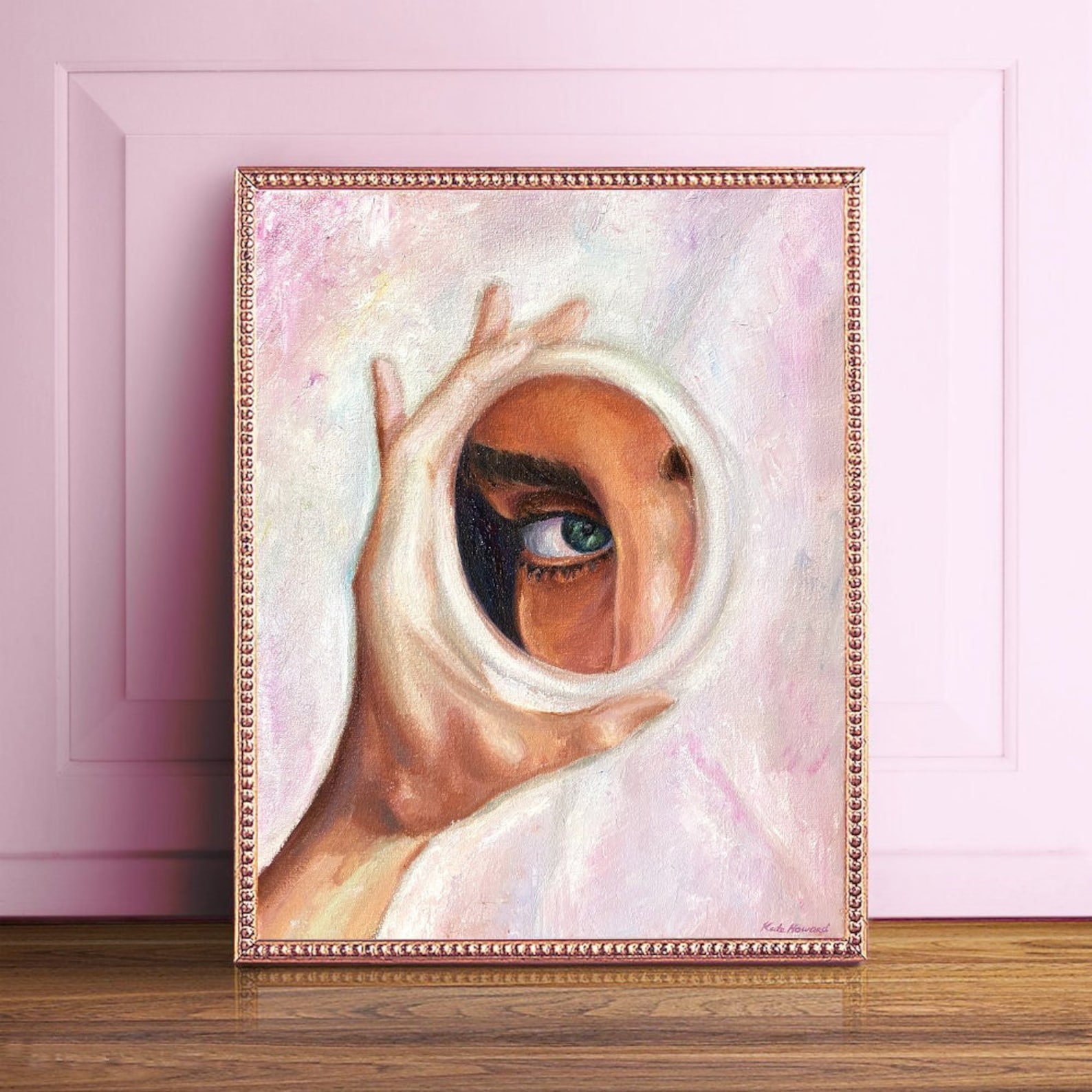 Eyes in Mirror Original Oil Painting on Canvas, Mirror in Woman Hand ...
