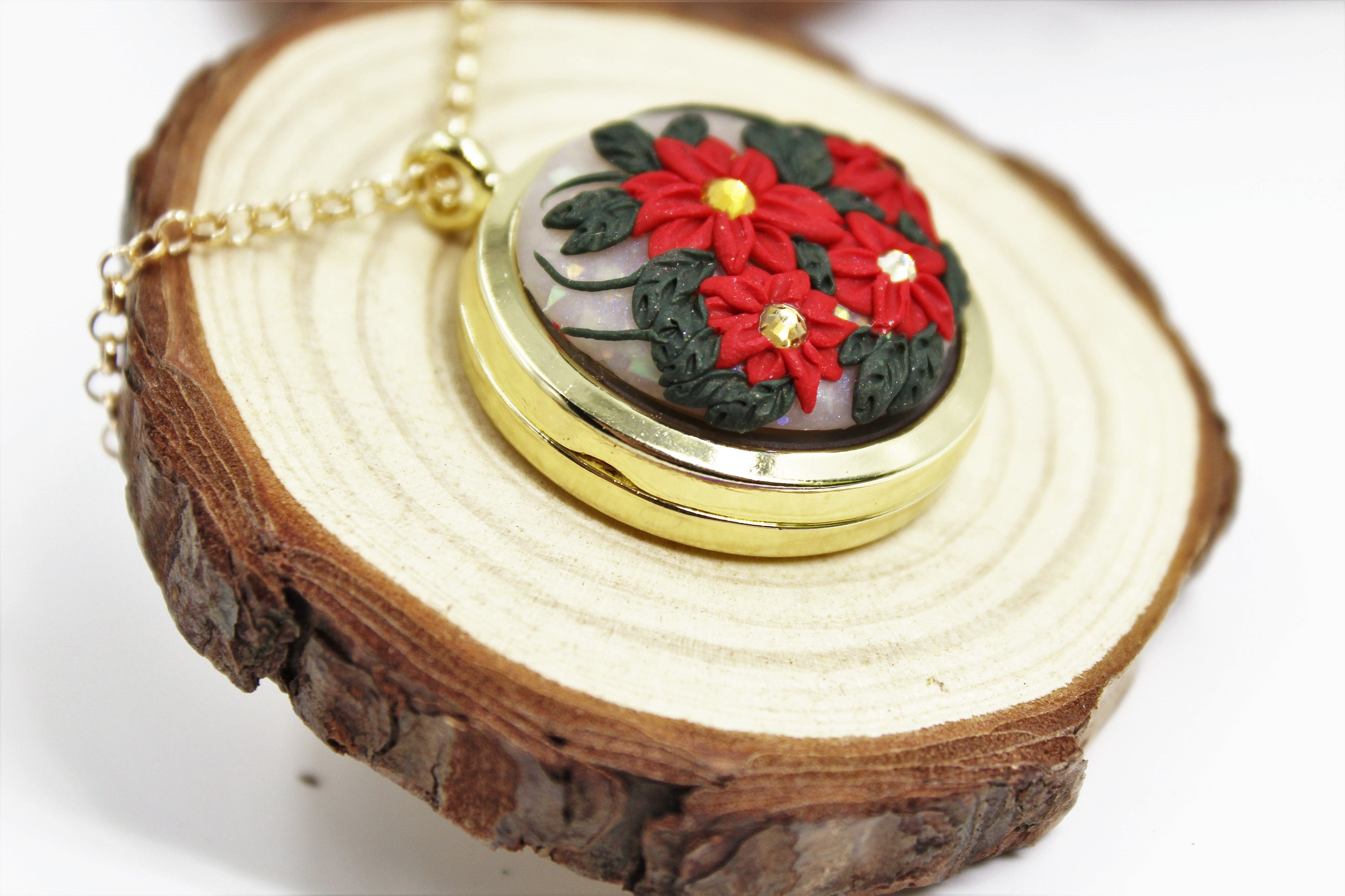 Poinsette Pendant Polymer Clay Locket Pendant Floral Locket - Etsy