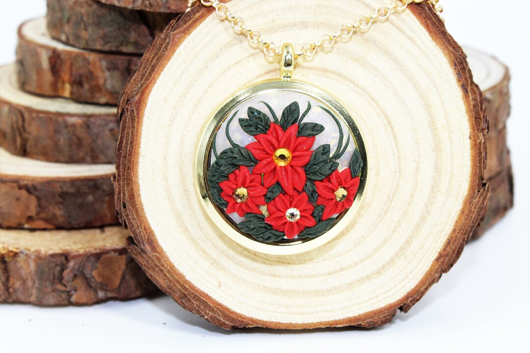 Poinsette Pendant Polymer Clay, Locket Pendant, Floral Locket, Clay ...