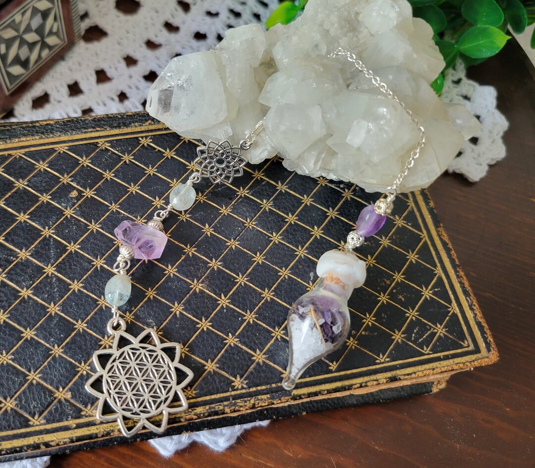 Crown Chakra Spell Bottle Pendulum, Amethyst Pendulum, Beaded Gemstone ...