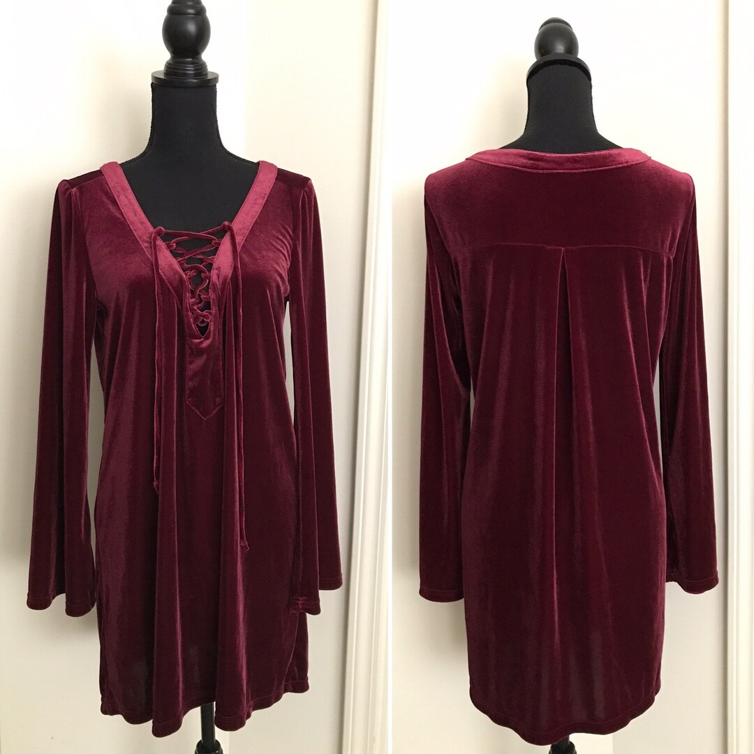 Vintage Velvet Lattice Criss Cross Lace up Collar Bell Sleeve Medieval ...