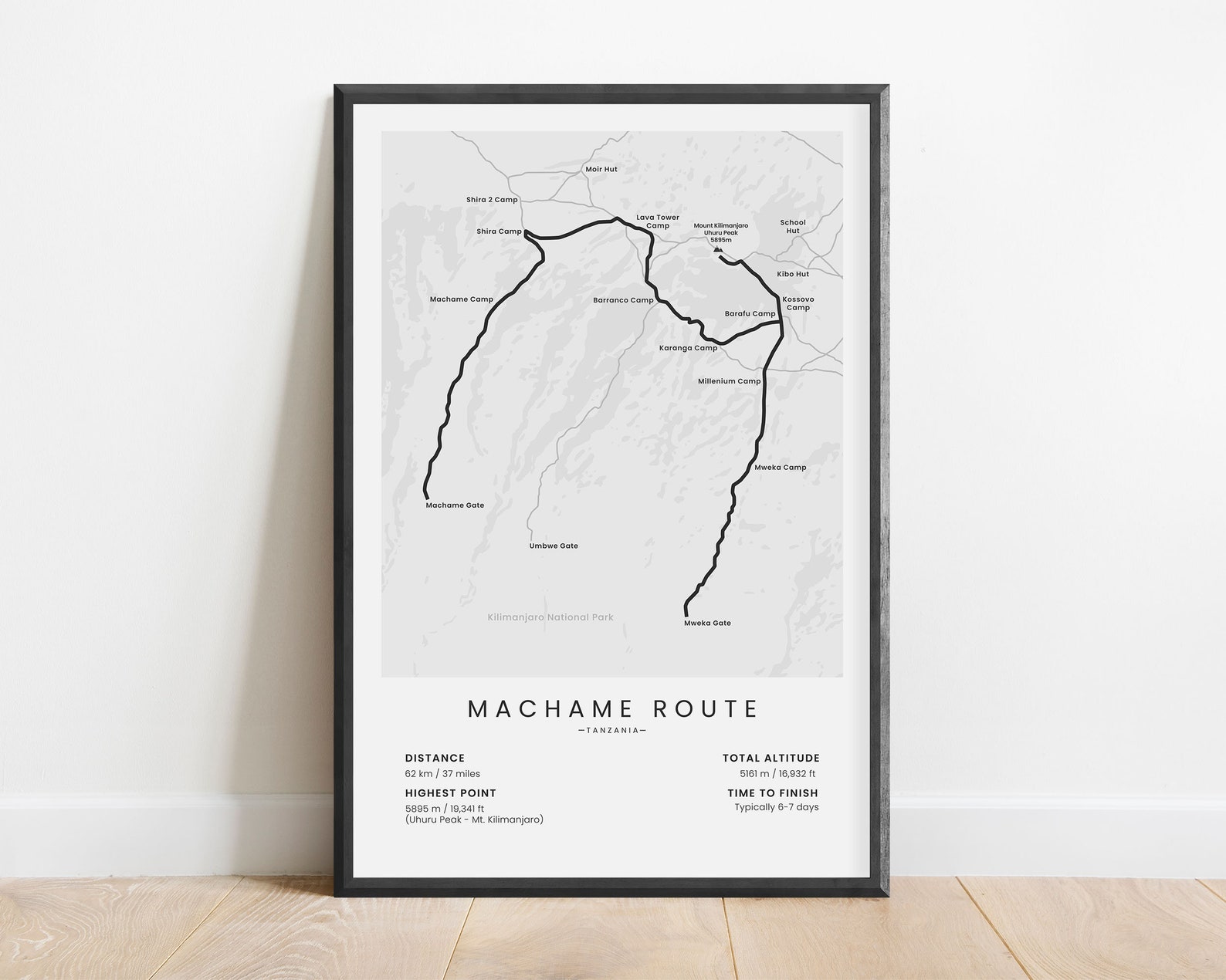 Machame Route Map Print Mount Kilimanjaro Trekking Poster Whiskey Route ...