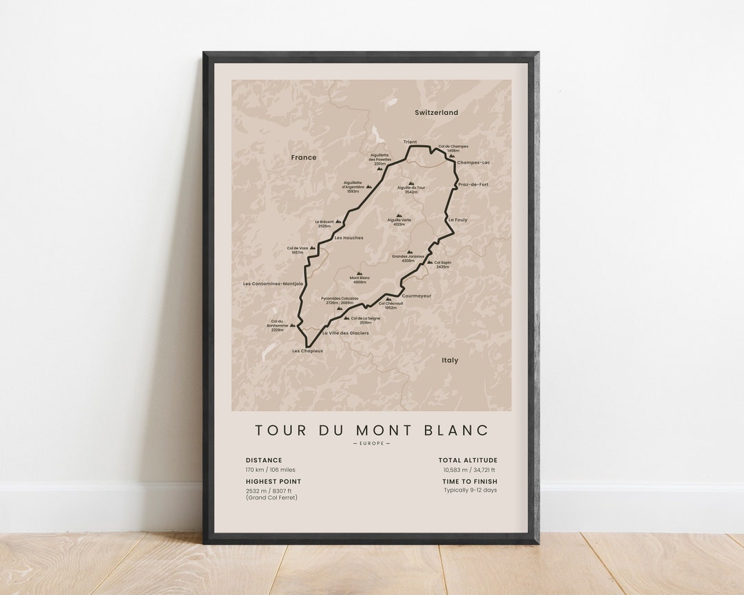 Tour Du Mont Blanc Print TMB Hiking Map Mount Blanc Wall Art French ...