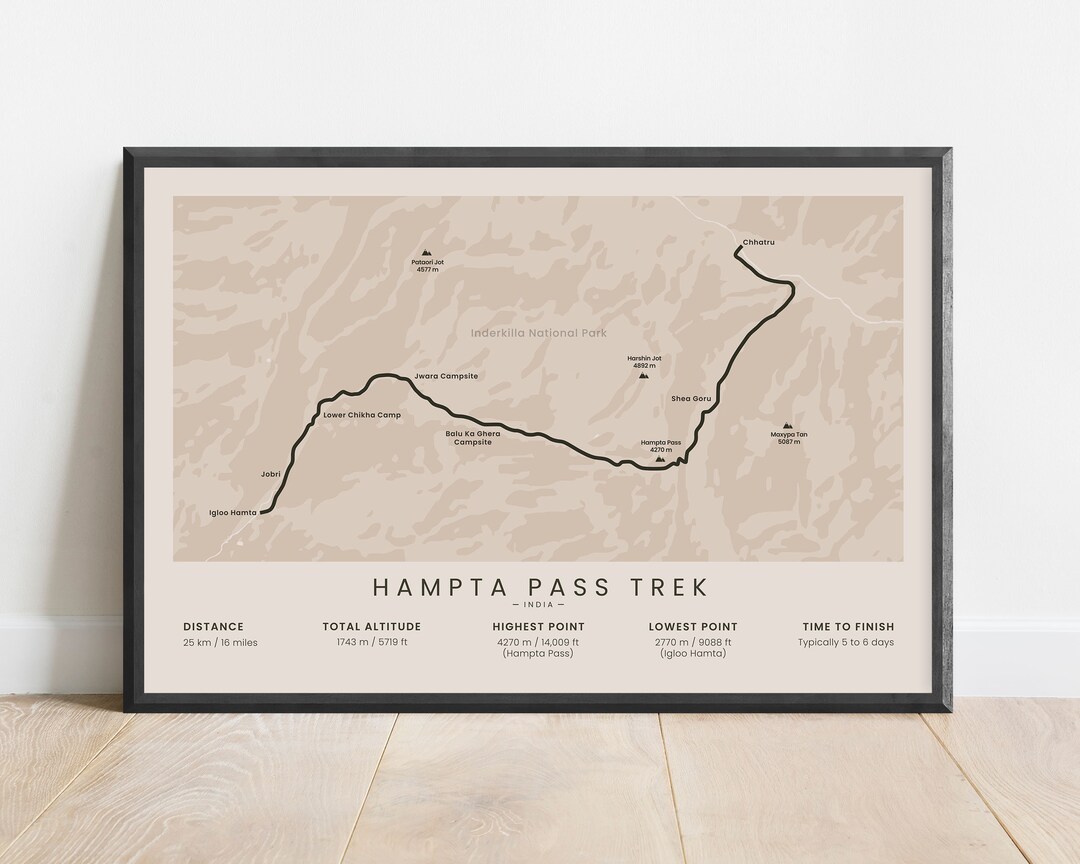 Hampta Pass Trek Map Print | Himalayas Hiking Poster | Trekking in ...