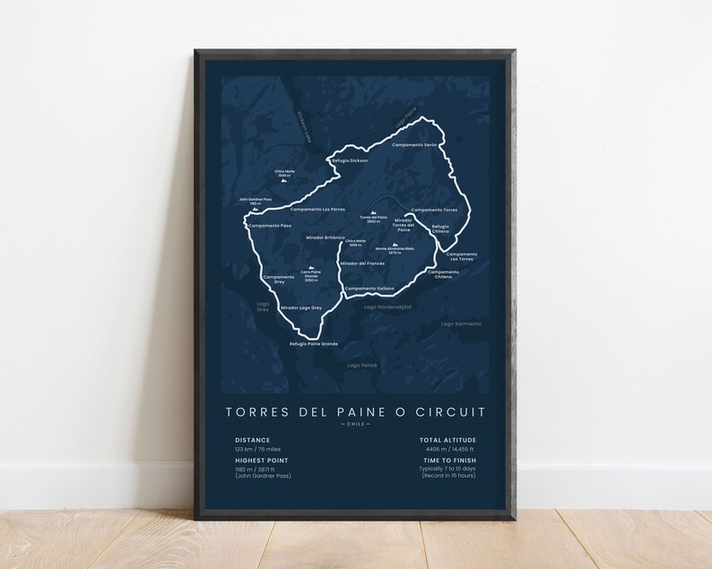 Patagonia Torres Del Paine O Trek Map Poster Patagonia O Circuit Print ...