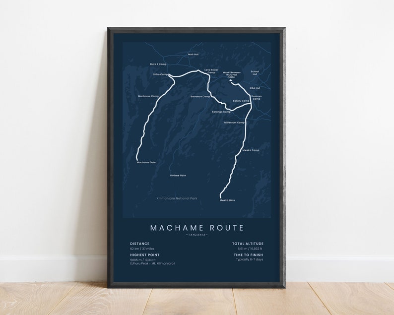 Machame Route Map Print Mount Kilimanjaro Trekking Poster Whiskey Route ...