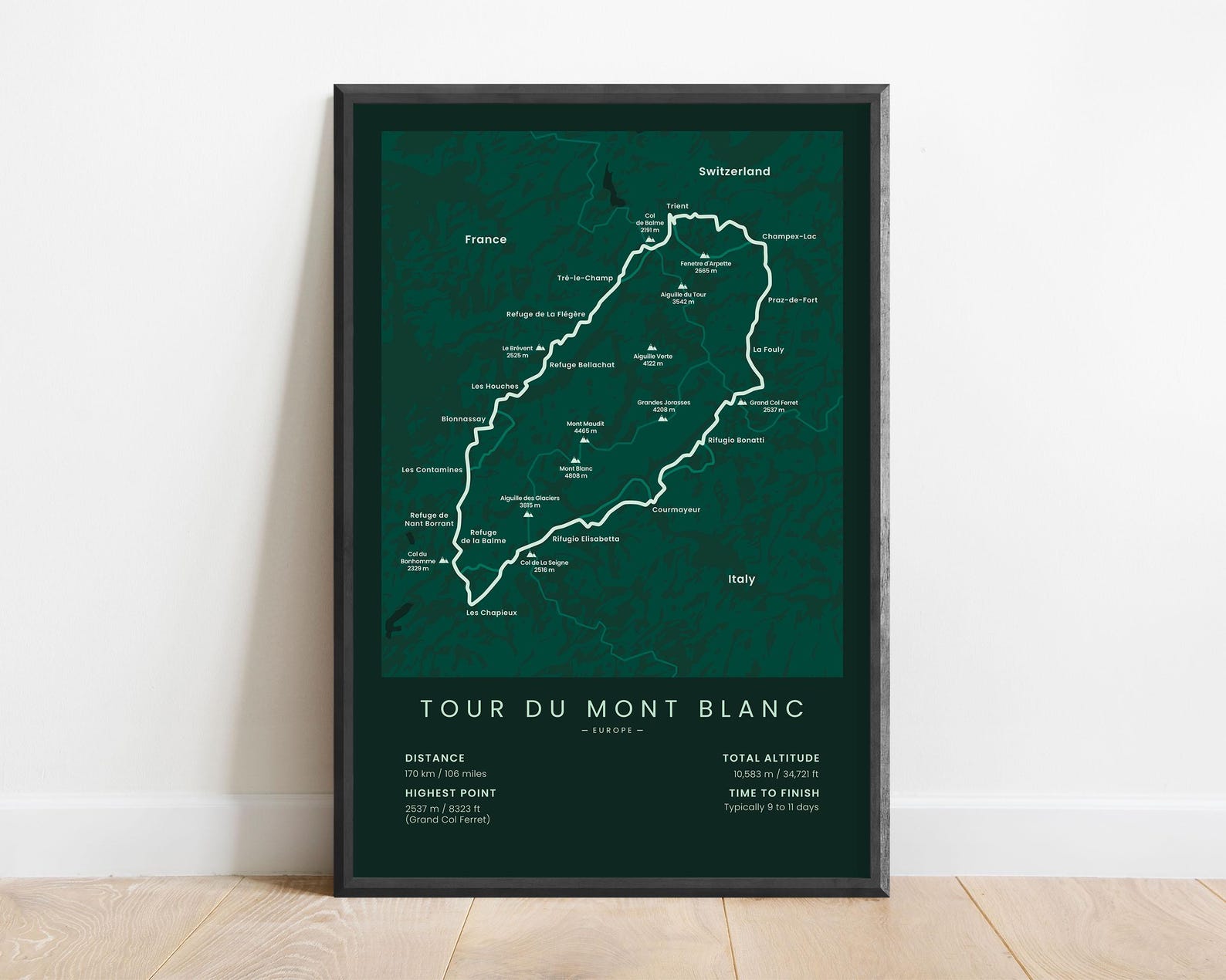Tour Du Mont Blanc Print | TMB Hiking Map | Mount Blanc Loop Wall Art ...