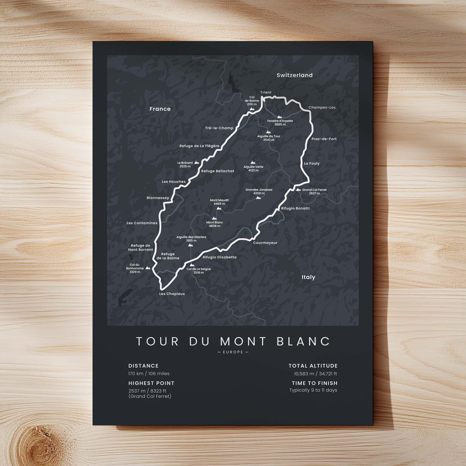 Tour Du Mont Blanc Print | TMB Hiking Map | Mount Blanc Loop Wall Art ...