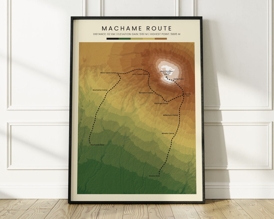 Machame Route Topographic Map Poster | Whiskey Route Elevation Contour ...