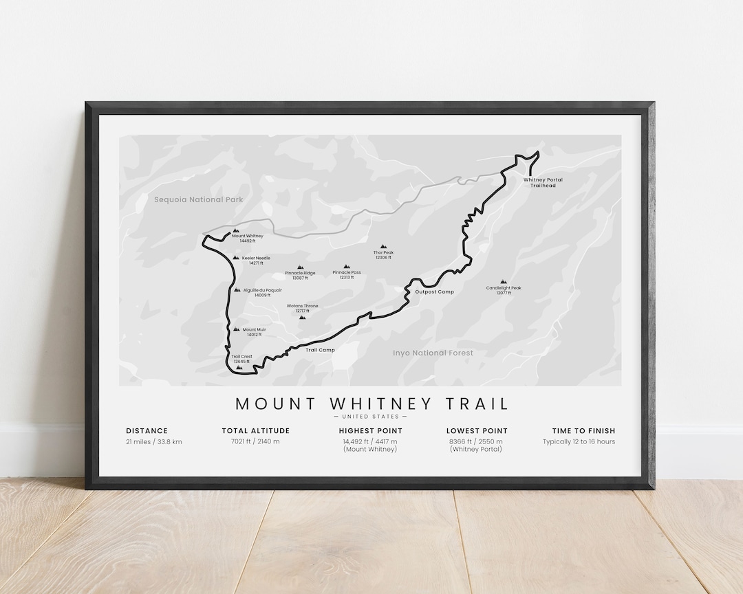 Mount Whitney Trail Print Mt Whitney Hike Map Whitney Portal to Summit ...