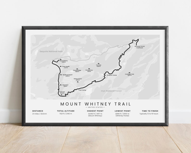 Mount Whitney Trail Print Mt Whitney Hike Map Whitney Portal to Summit ...