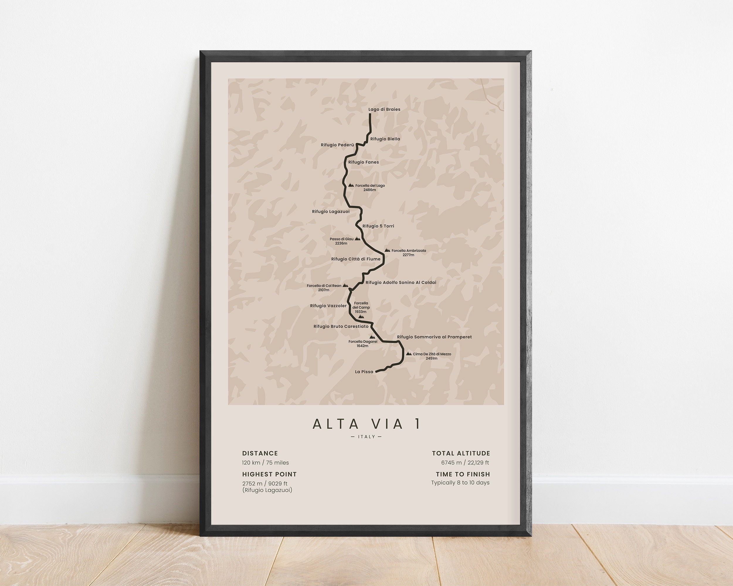 Alta via 1 Print Italian Dolomites Hiking Map Alps Trekking Path Poster ...