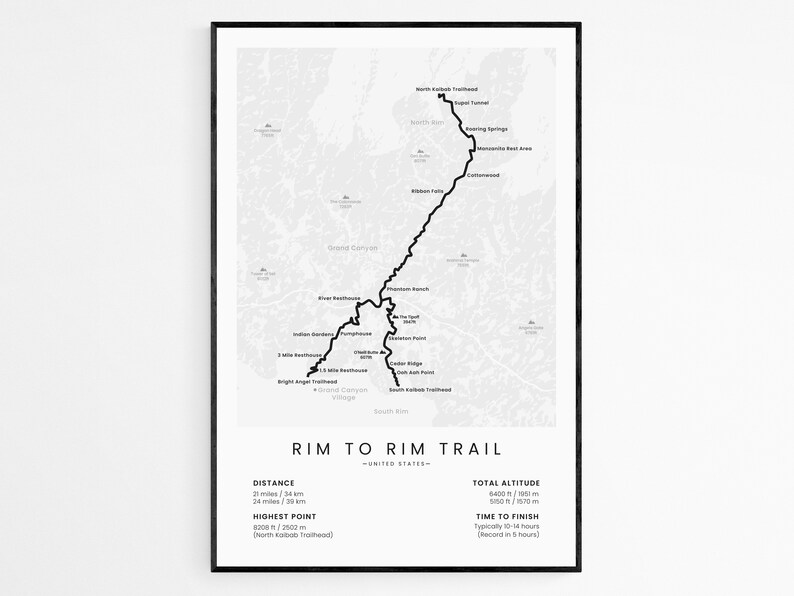 Rim to Rim Trail Print Grand Canyon Hiking Map South Rim - Etsy