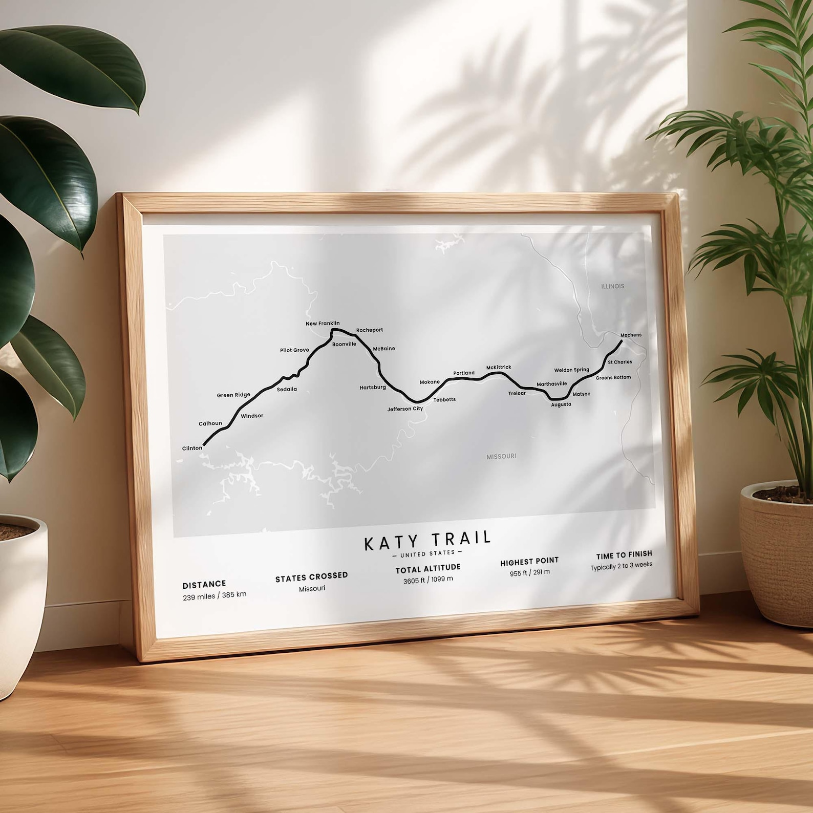 Katy Trail Map Print | MKT Rail Trail Poster | Clinton to Machens ...