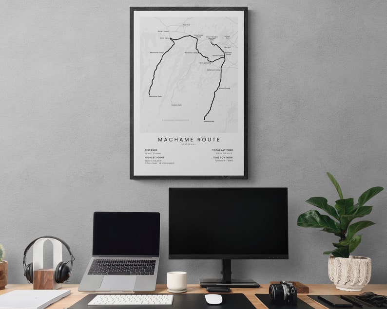 Machame Route Map Print Mount Kilimanjaro Trekking Poster Whiskey Route ...