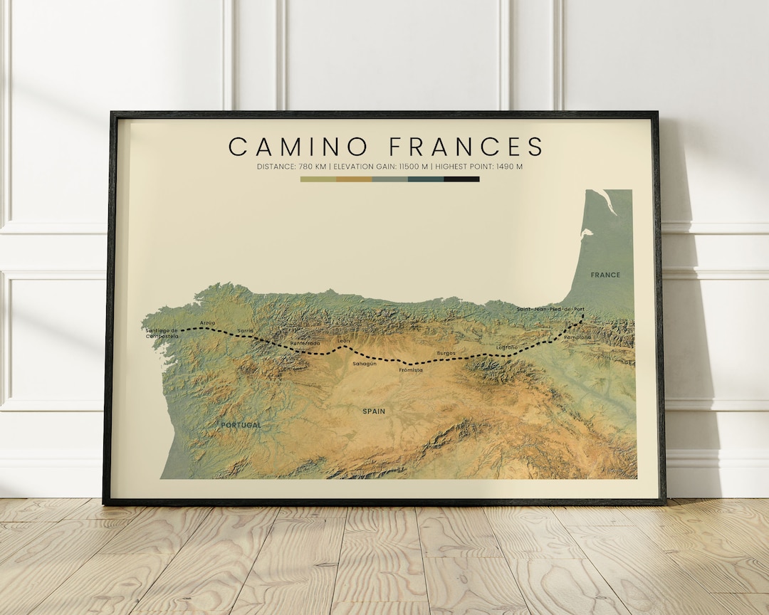 Camino Frances Topographic Map Poster | the French Way Elevation ...