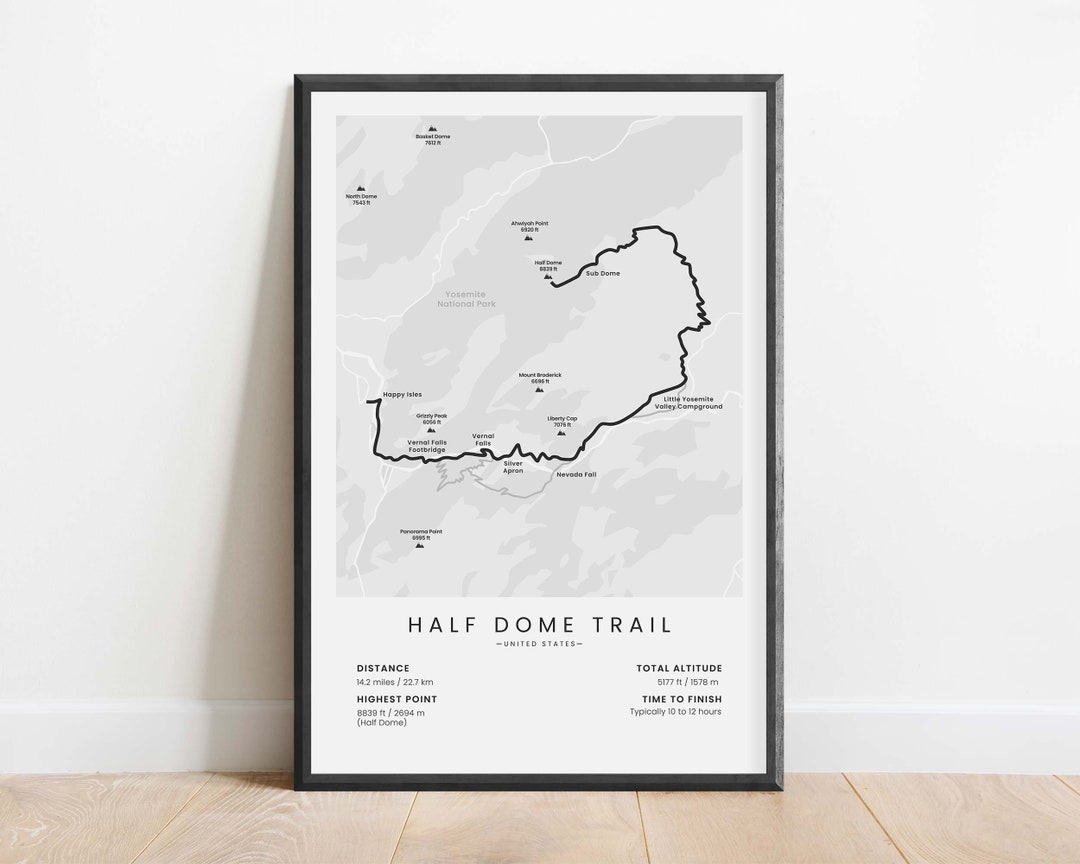 Half Dome Trail Print | Yosemite National Park Hiking Trail Map | Half ...