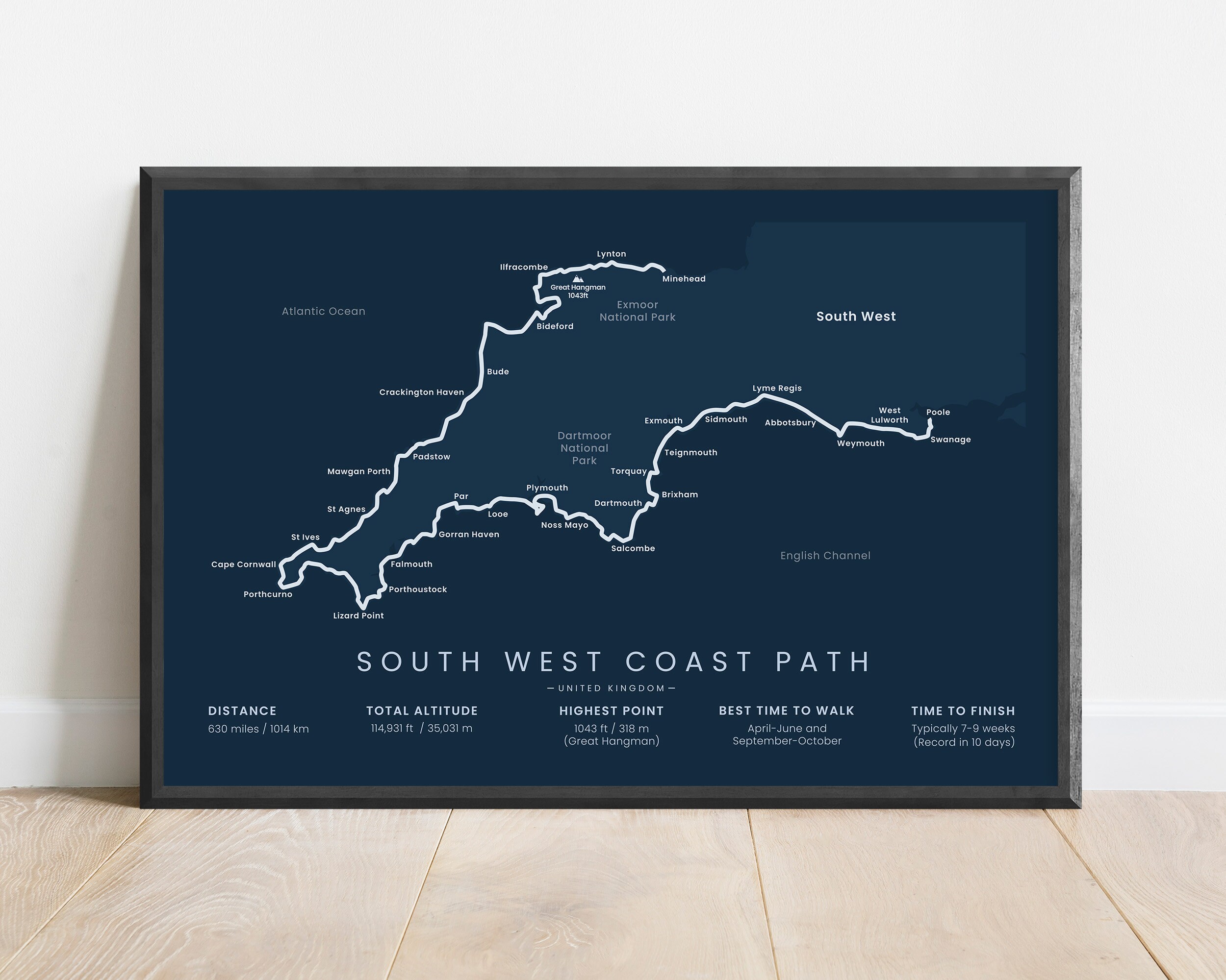 South West Coast Path Print England Cornwall Long-distance Hiking Trail ...