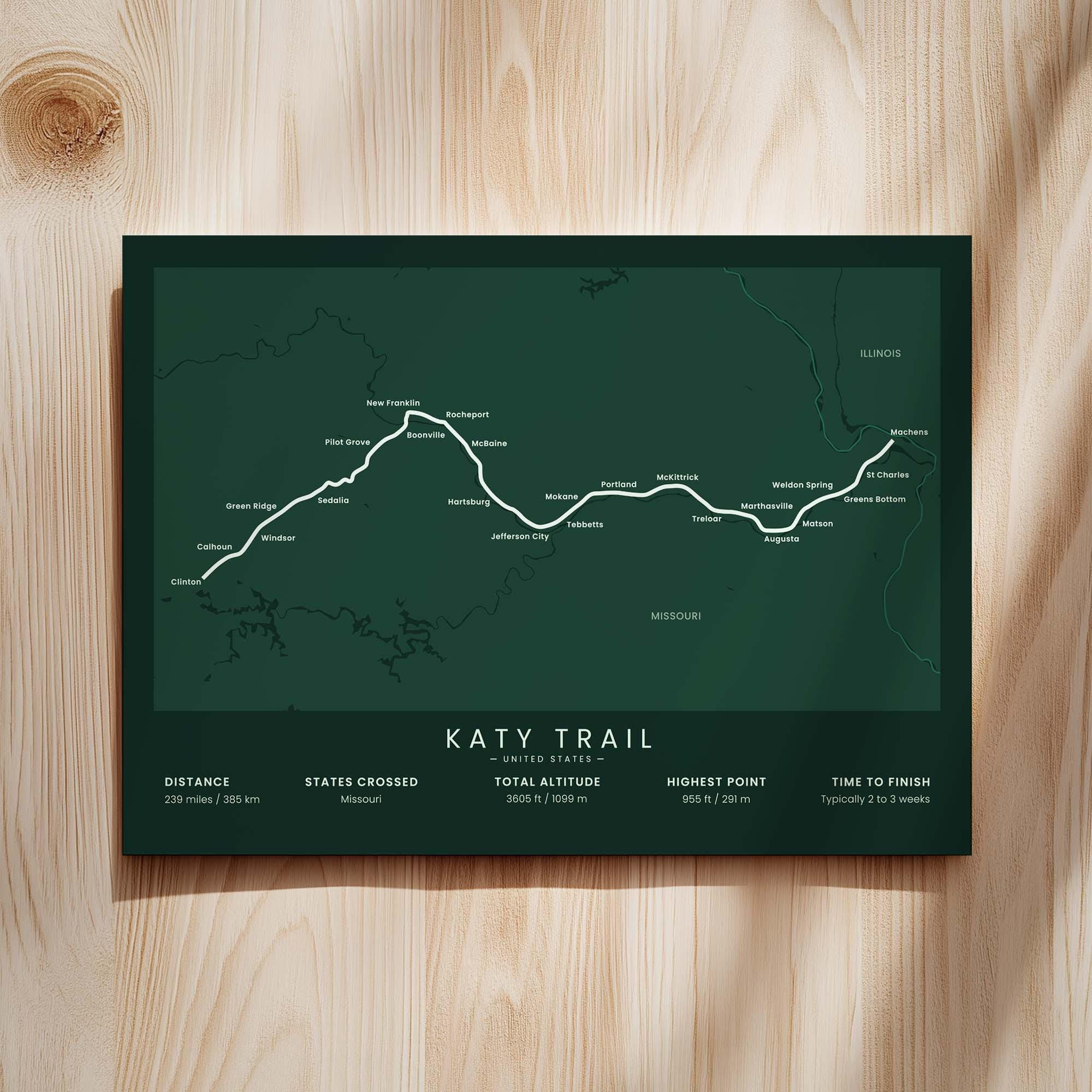 Katy Trail Map Print | MKT Rail Trail Poster | Clinton to Machens ...