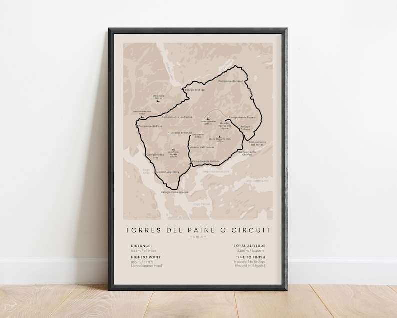 Patagonia Torres Del Paine O Trek Map Poster Patagonia O Circuit Print ...