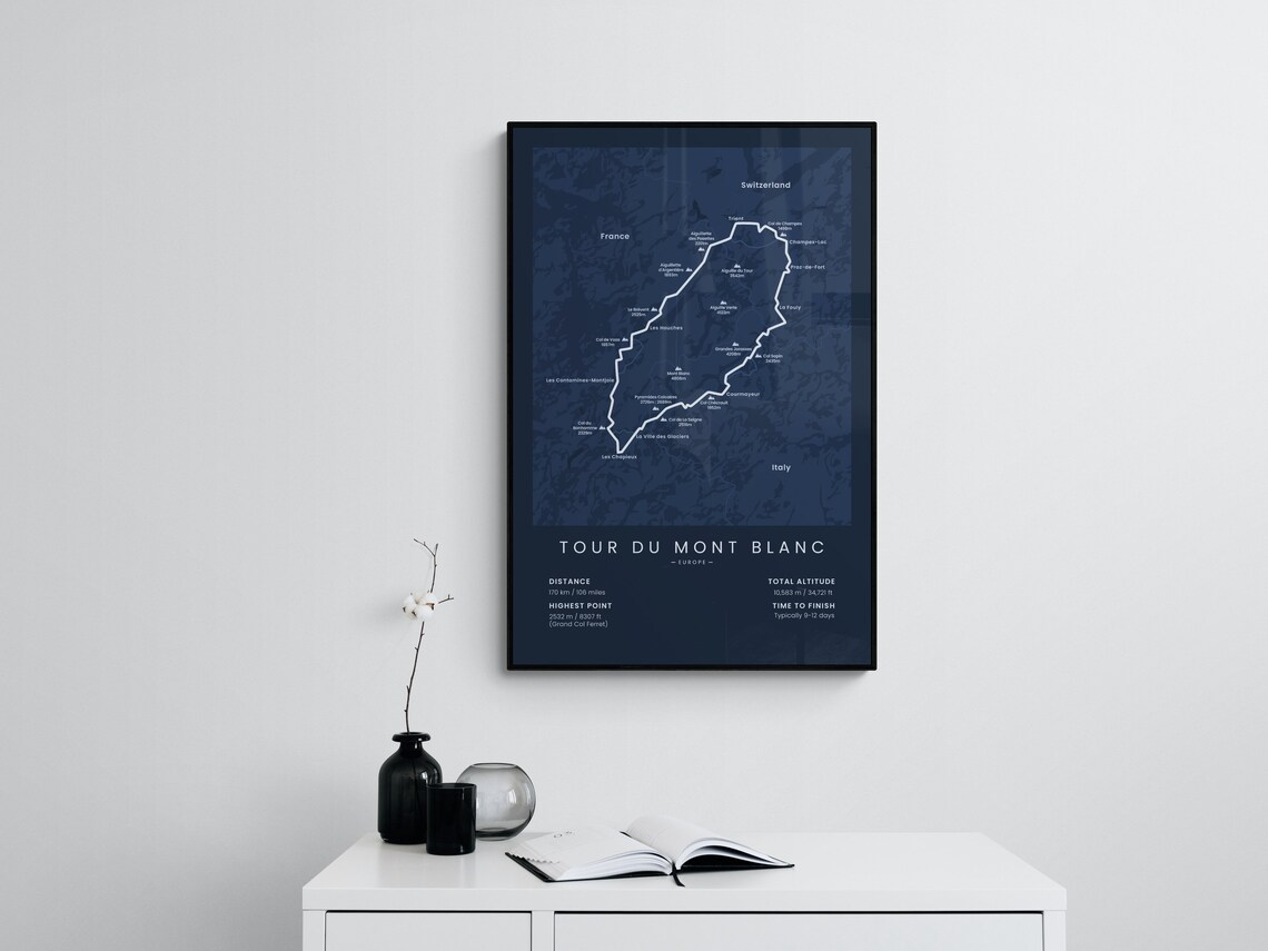 Tour Du Mont Blanc Print TMB Hiking Map Mount Blanc Wall - Etsy