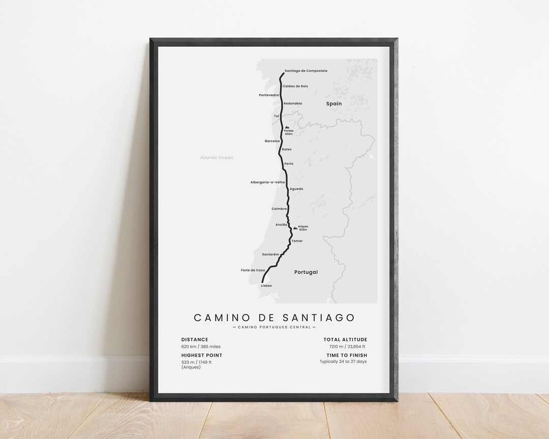 Camino Portugues Central Print | Camino De Santiago Trail Map | Lisbon ...