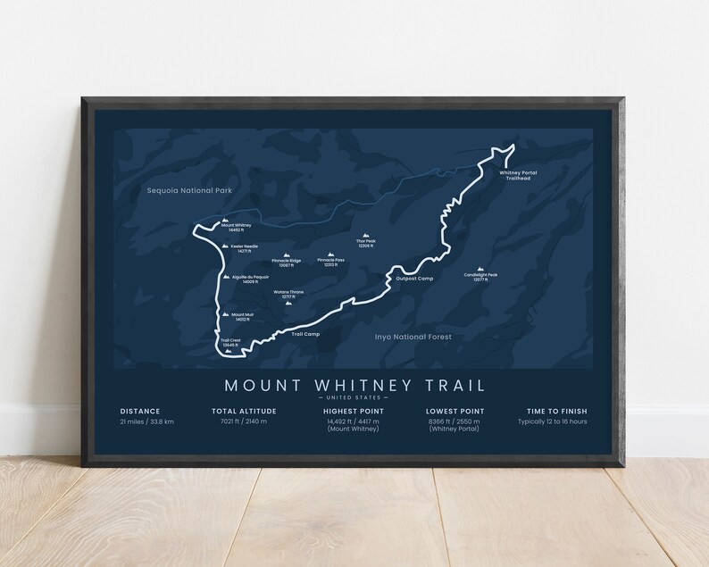 Mount Whitney Trail Print Mt Whitney Hike Map Whitney Portal to Summit ...