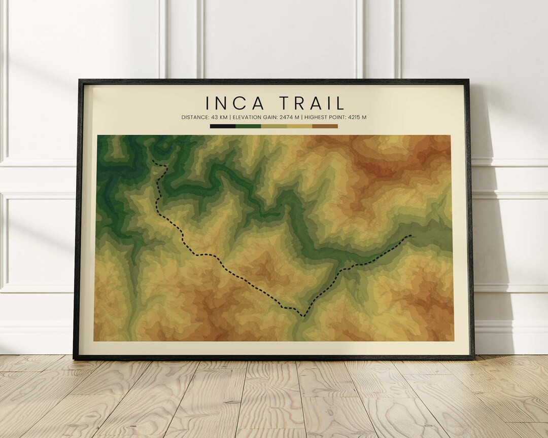 Inca Trail Topographic Map Poster Inca Trail to Machu Picchu Elevation ...