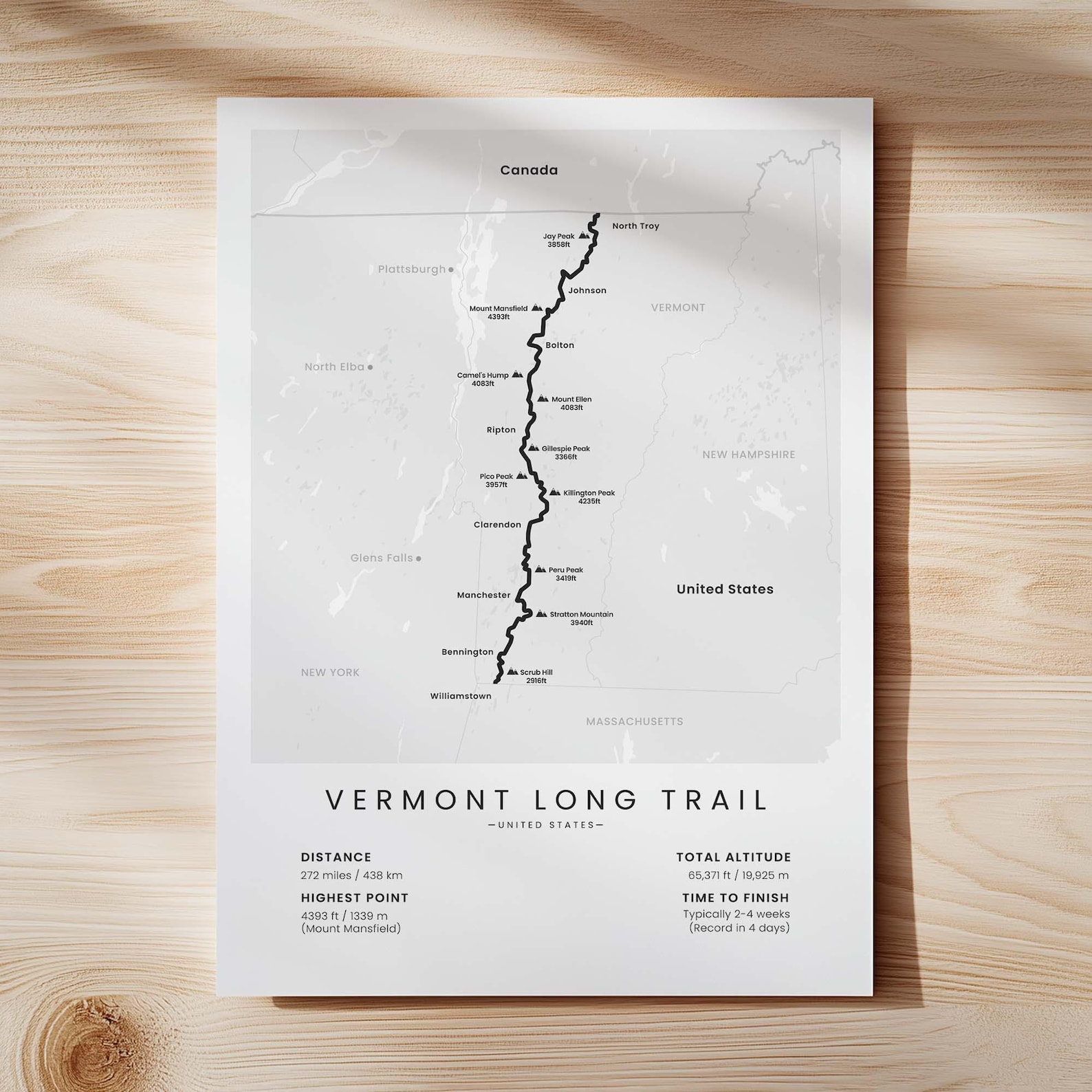 Vermont Long Trail Print | the Long Trail Thru Hike Map | USA Green ...