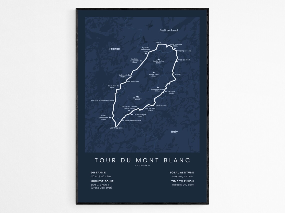 Tour Du Mont Blanc Print TMB Hiking Map Mount Blanc Wall - Etsy